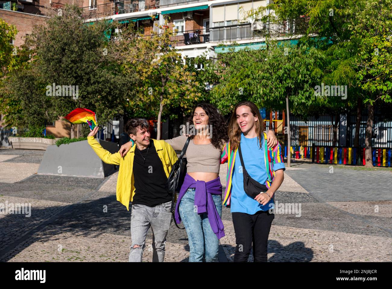 Young diverse friends walking on the street with the lgbt rainbow flag ...