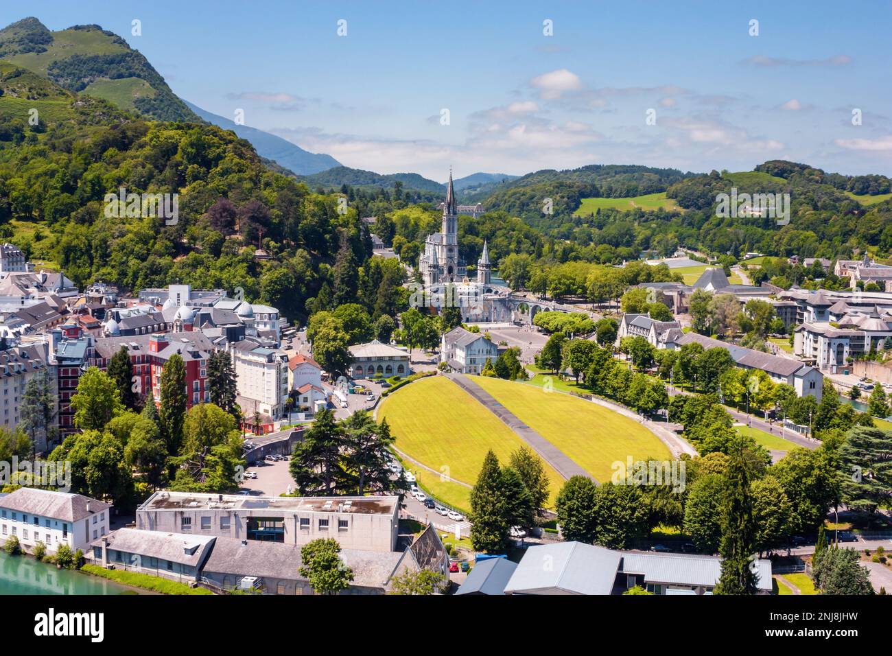 View of the city Lourdes - the Sanctuary of Our Lady of Lourdes, the ...