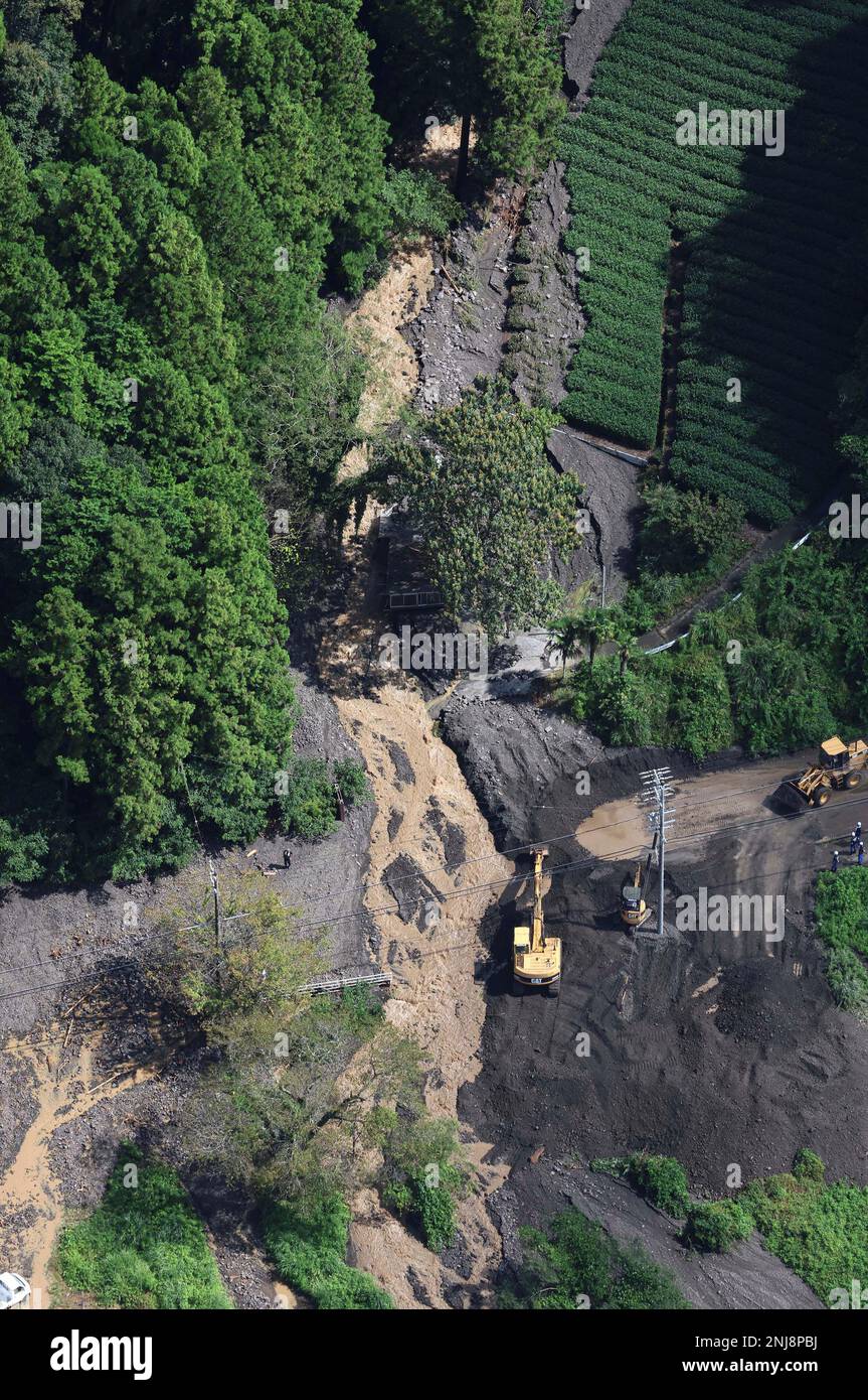 An aerial photo shows a landslide site triggered by heavy rain of ...