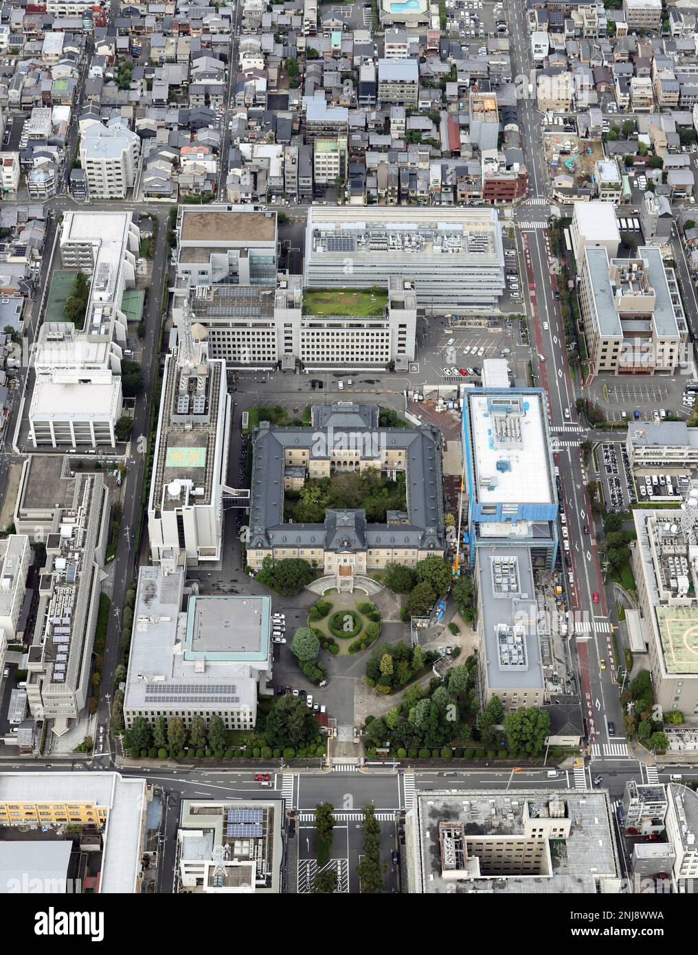An aerial photo shows the Kyoto Prefectural office building in Kyoto ...