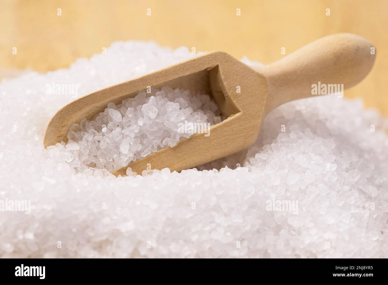 A close up studio photo of a small wooden scoop in a pile of coarse ...