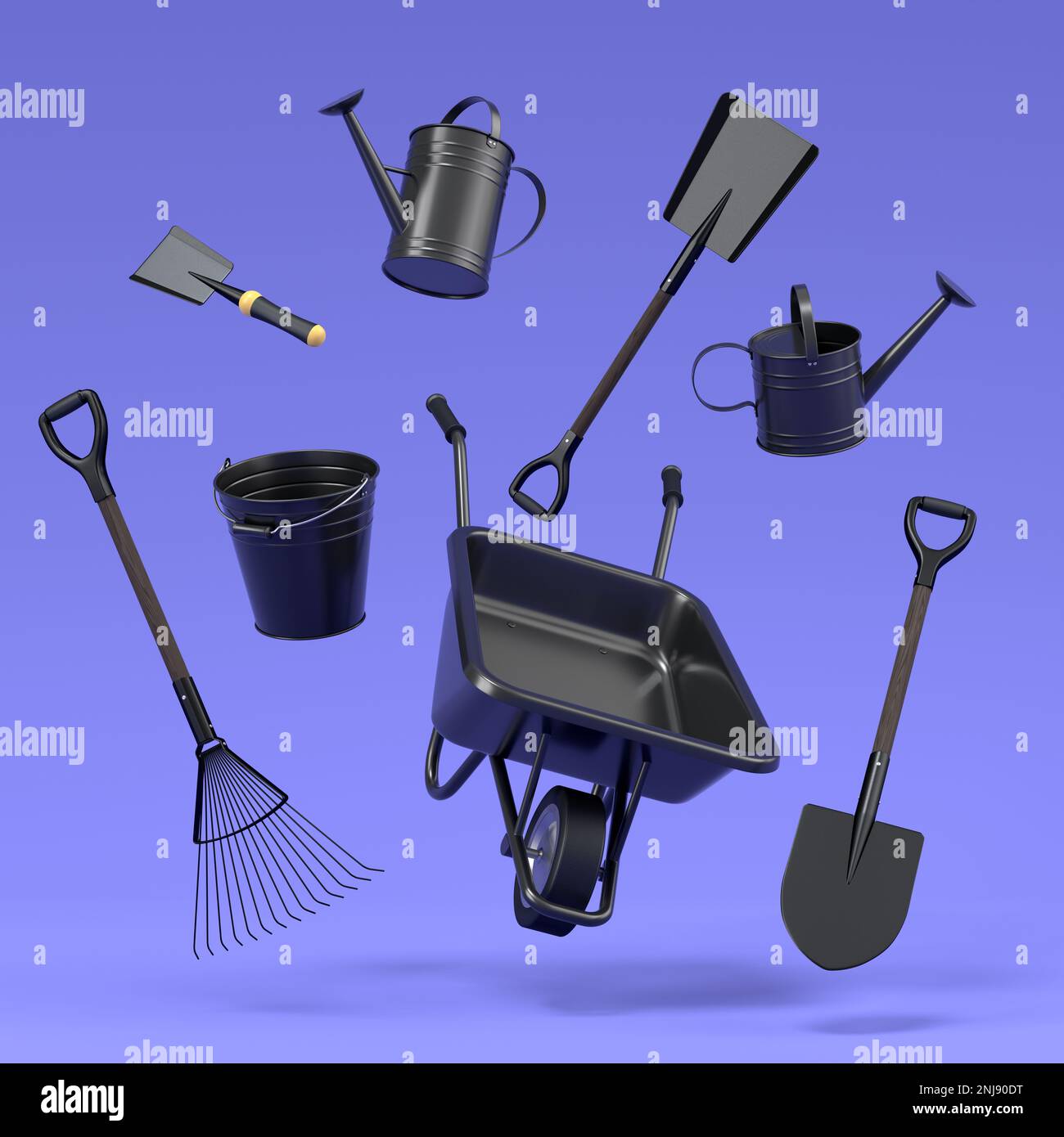 Garden wheelbarrow with garden tools like shovel, rake and fork on ...
