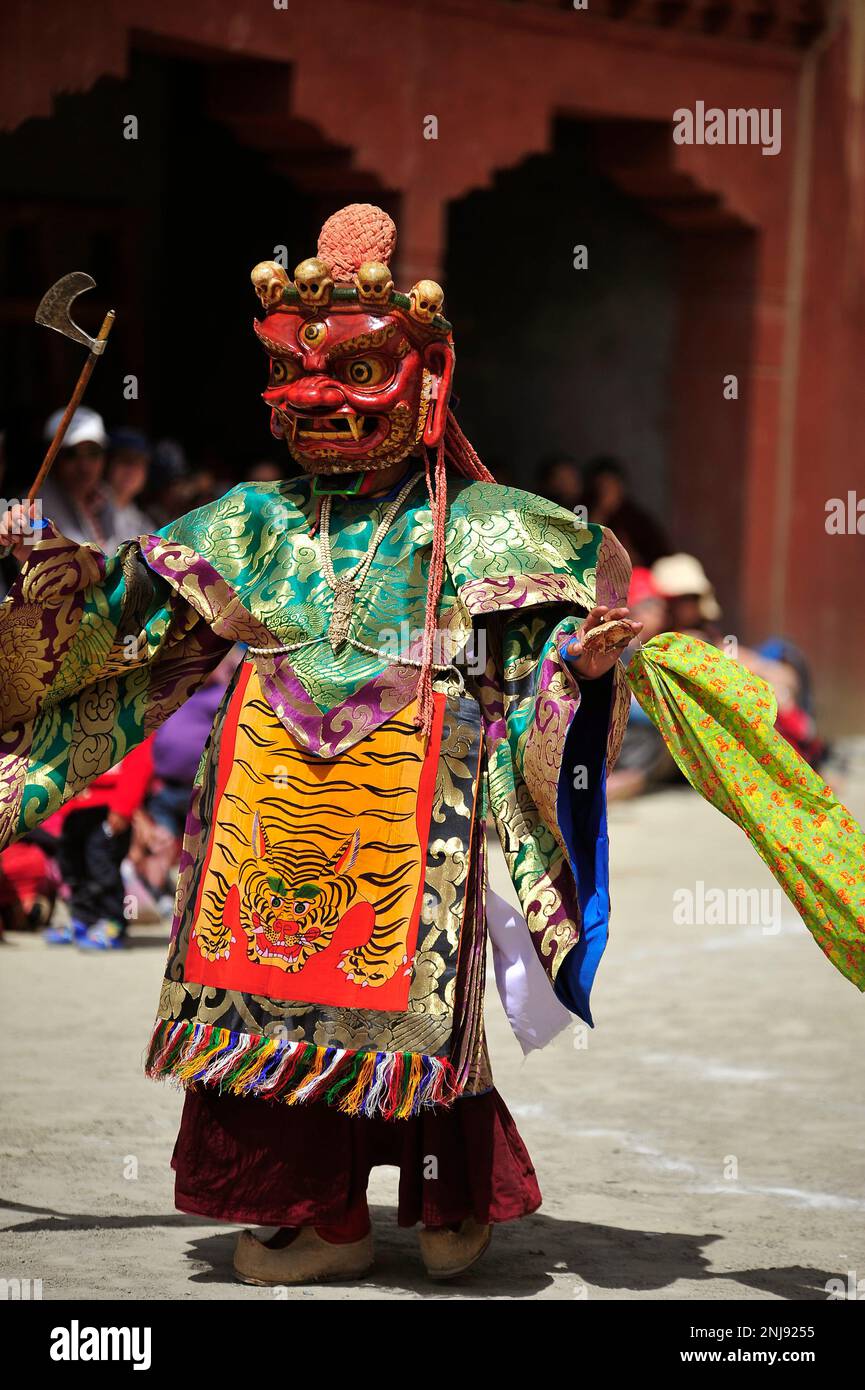Buddhist monk dancing Cham, also Tsam dance - during festival. Lamayuru ...