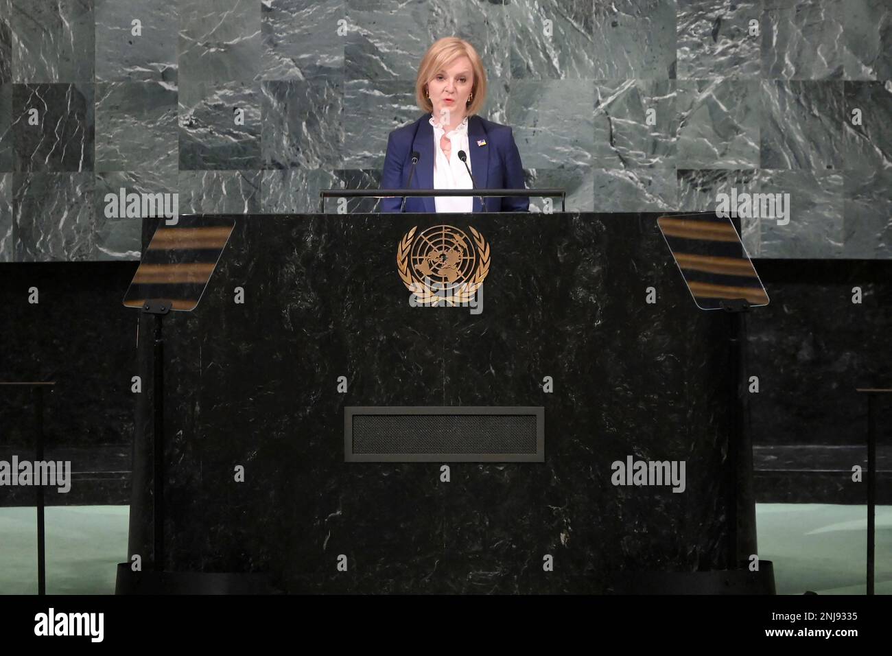 British Prime Minister Liz Truss address the 77th session of the General Assembly at United ...