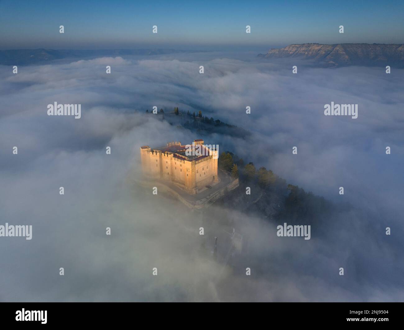 Aerial view of the castle of Mequinenza standing out from a sea of ...