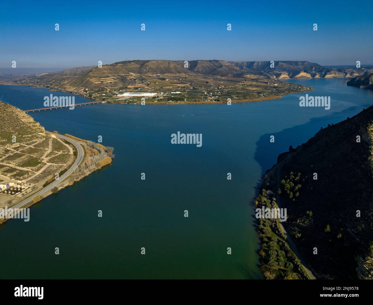 Aerial view of the confluence of the Segre and Ebro rivers in ...