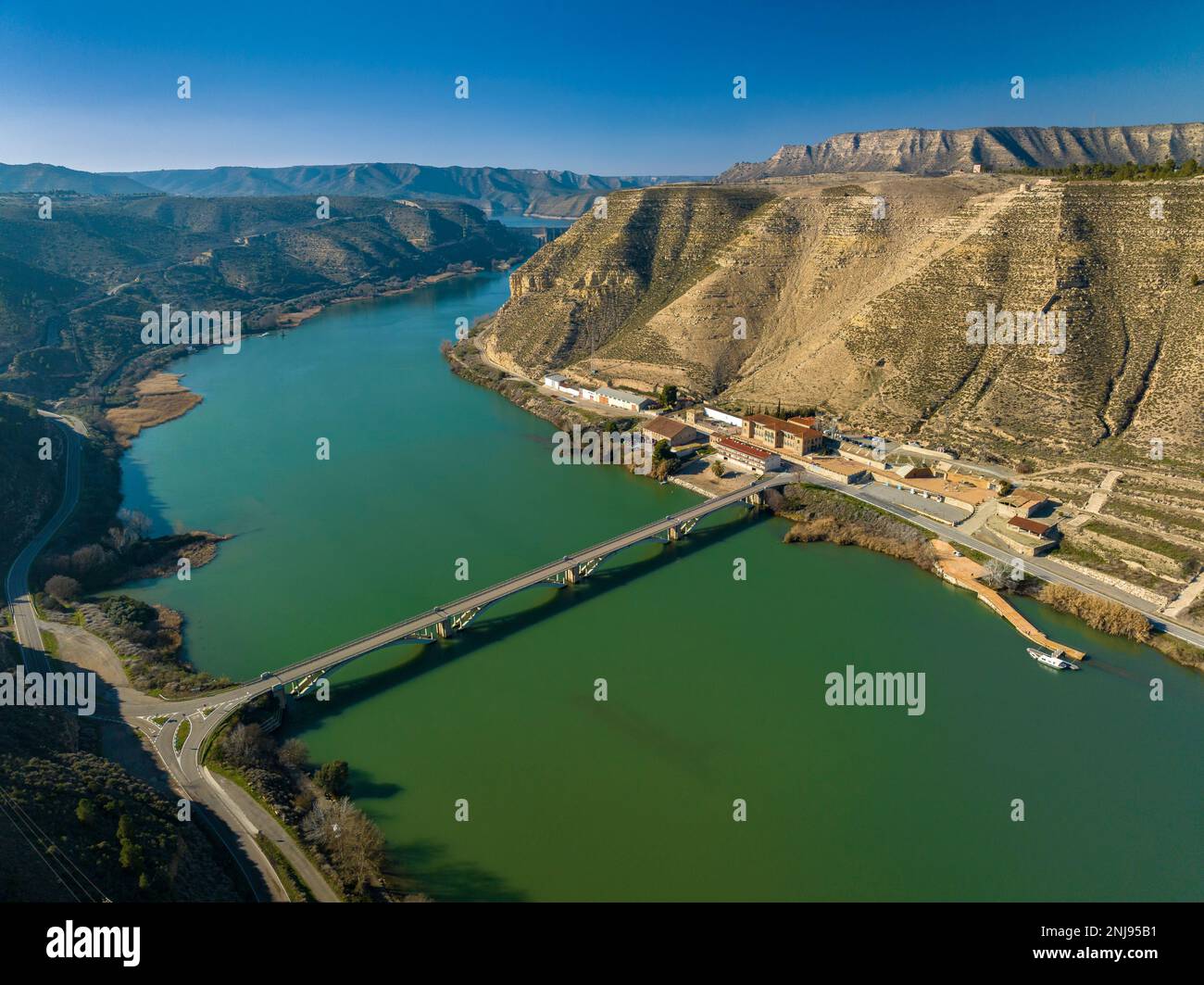 Aerial view of the bridge over the Ebro river as it passes through ...