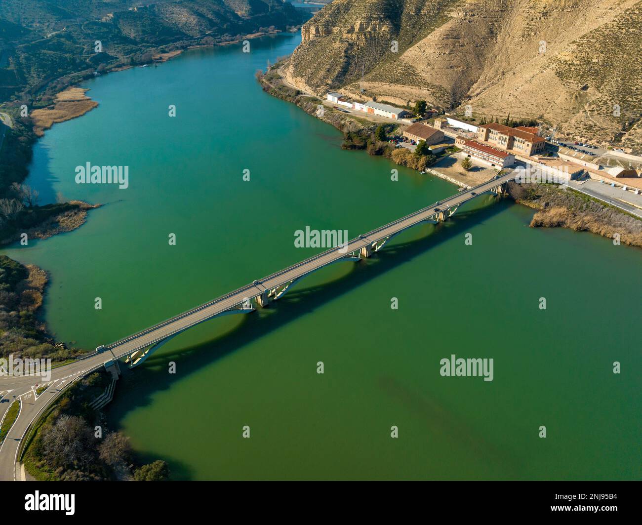 Aerial view of the bridge over the Ebro river as it passes through ...
