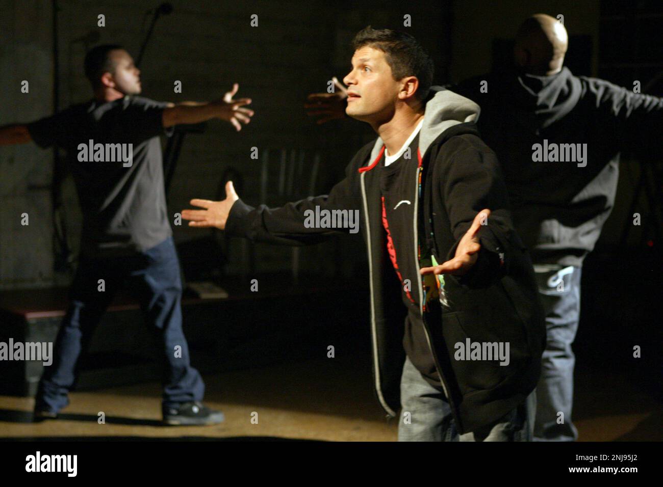 Actors Dan Wolf (front), Keith Pinto (L), and Tom Shepherd (R) during ...