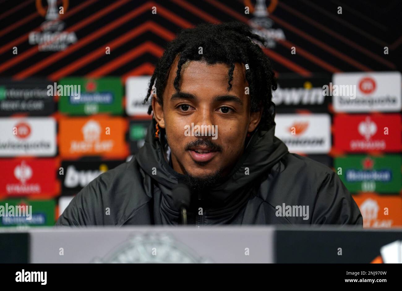 Barcelona's Jules Kounde during a press conference at Old Trafford ...