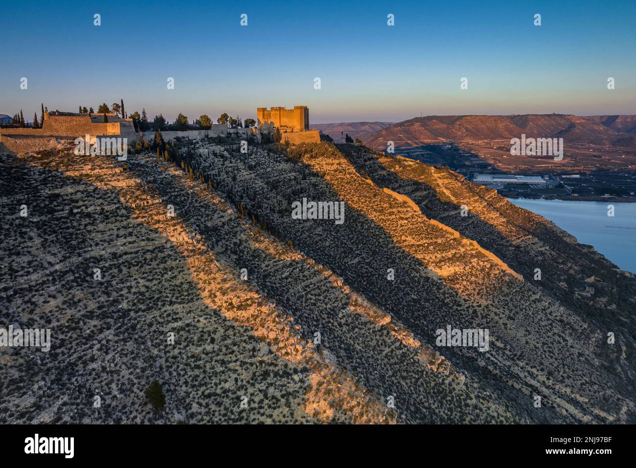 Aerial view of the castle of Mequinenza at the confluence of the Segre ...