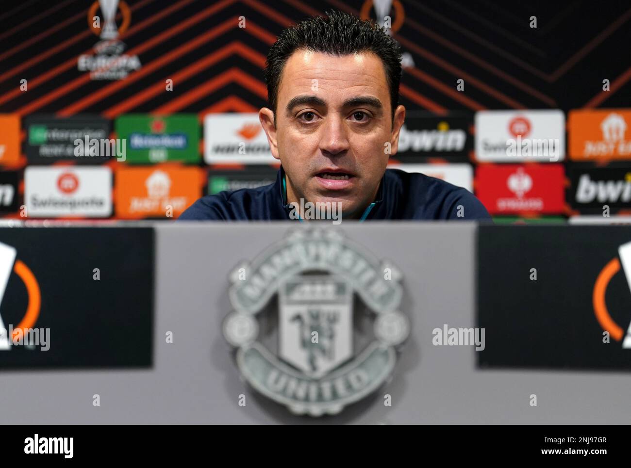 Barcelona manager Xavi during a press conference at Old Trafford ...