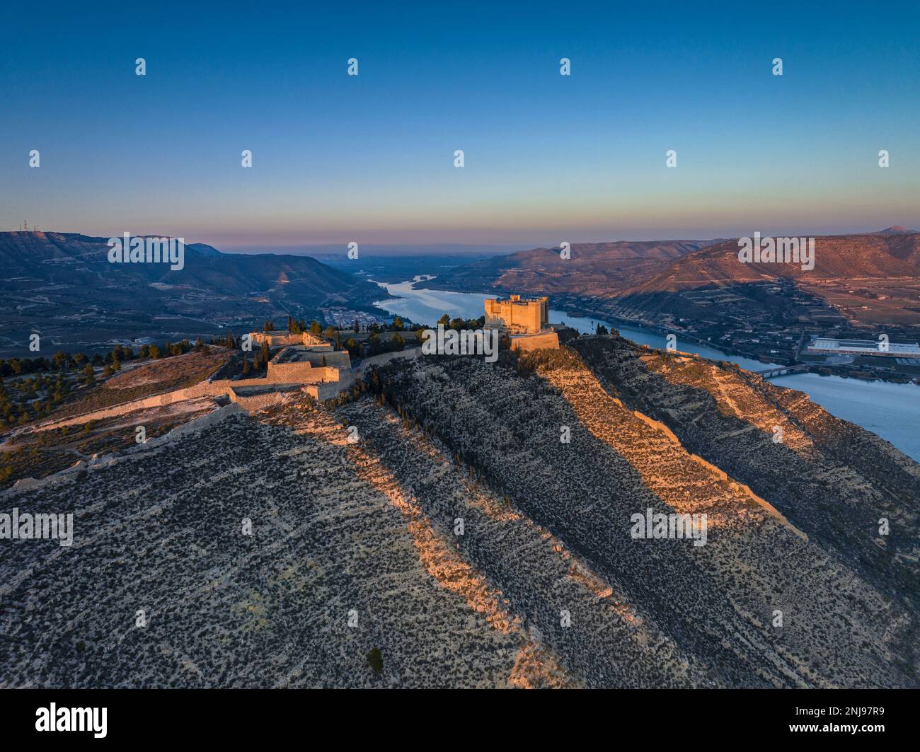 Aerial view of the castle of Mequinenza at the confluence of the Segre ...