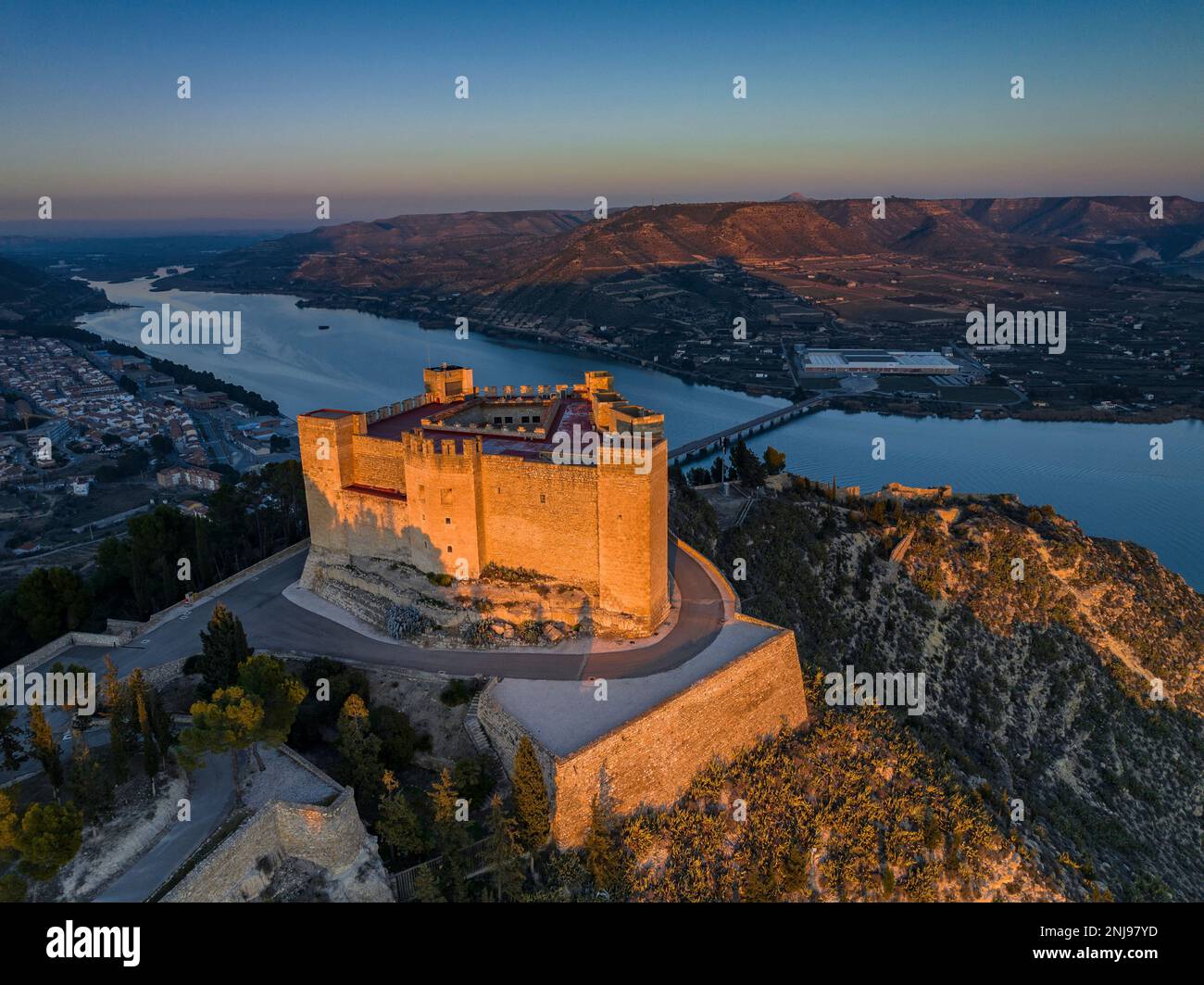 Aerial view of the castle of Mequinenza at the confluence of the Segre ...