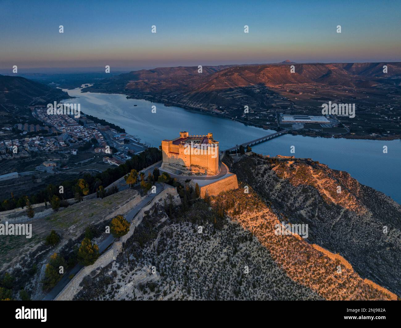 Aerial view of the castle of Mequinenza at the confluence of the Segre ...
