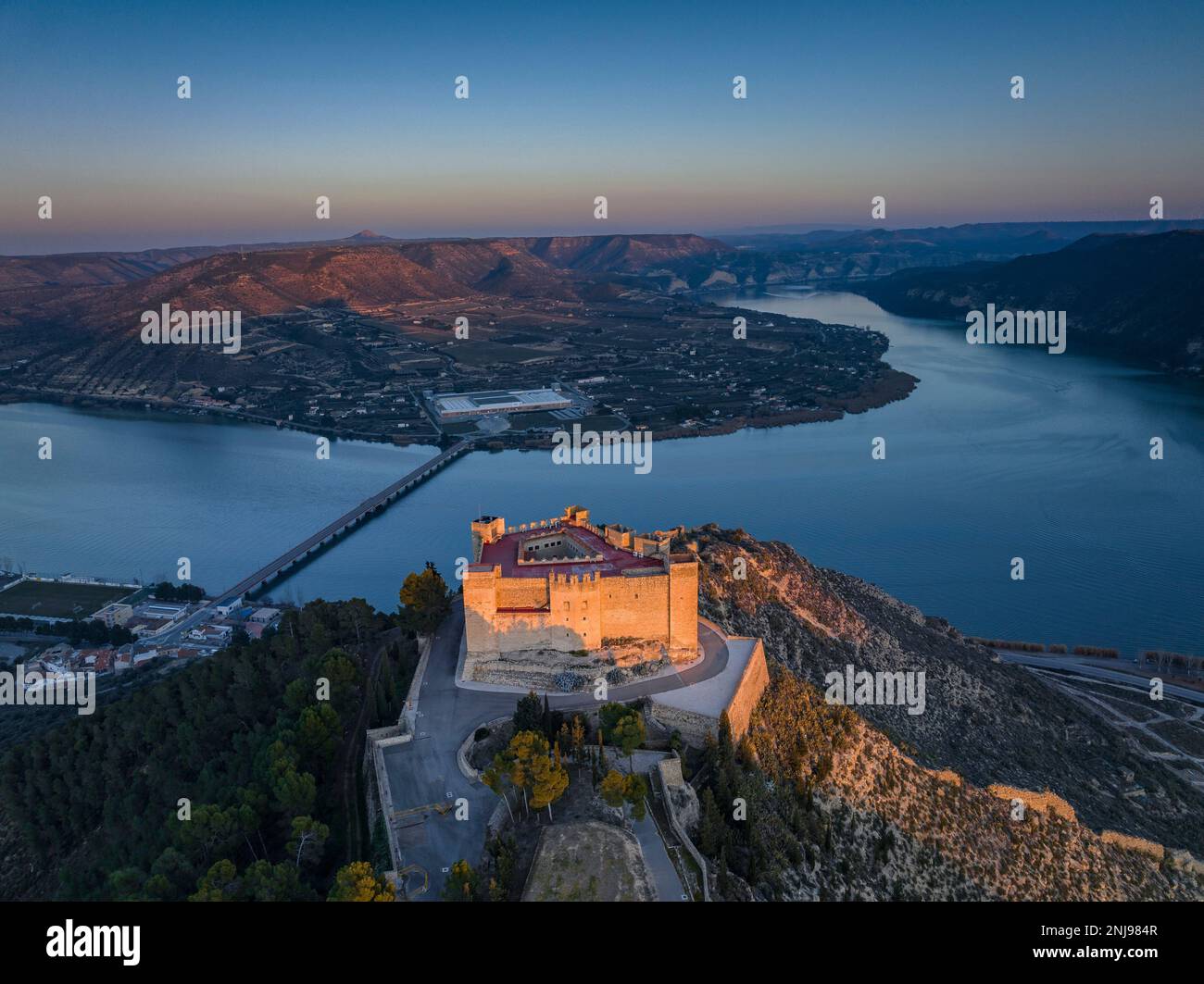 Aerial view of the castle of Mequinenza at the confluence of the Segre ...