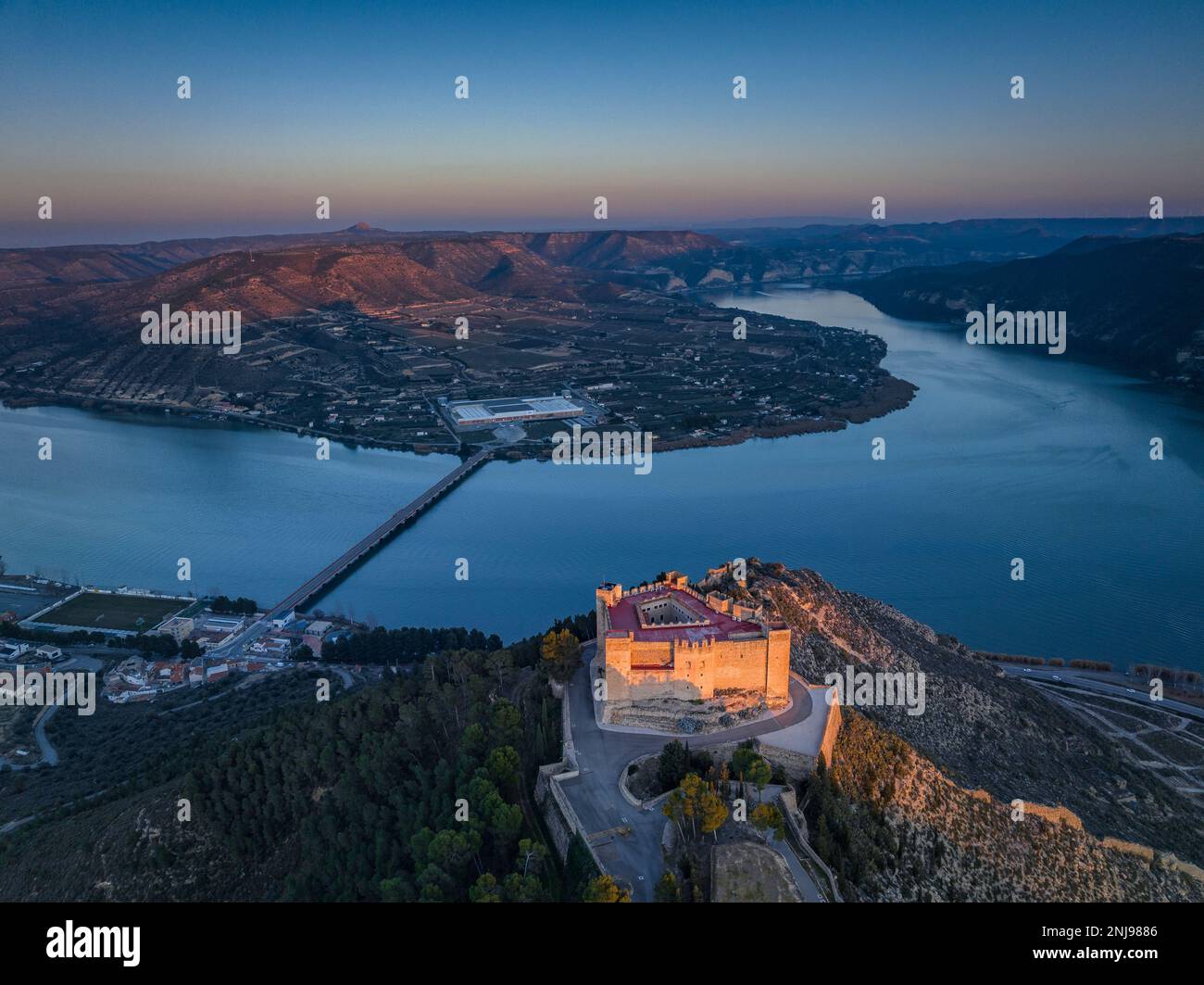 Aerial view of the castle of Mequinenza at the confluence of the Segre ...