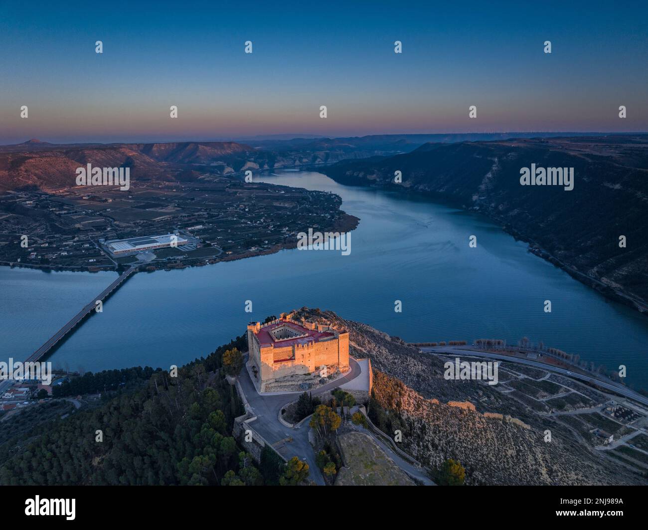 Aerial view of the castle of Mequinenza at the confluence of the Segre ...
