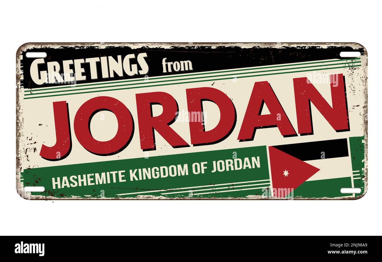 Greetings from Jordan vintage rusty metal sign on a white background ...