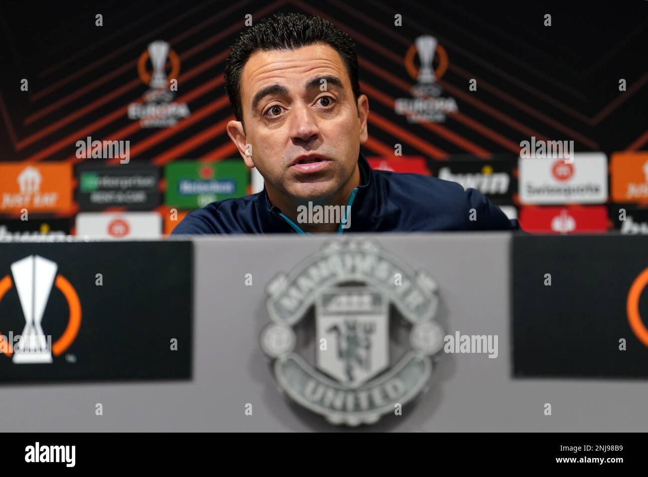 Barcelona manager Xavi during a press conference at Old Trafford ...