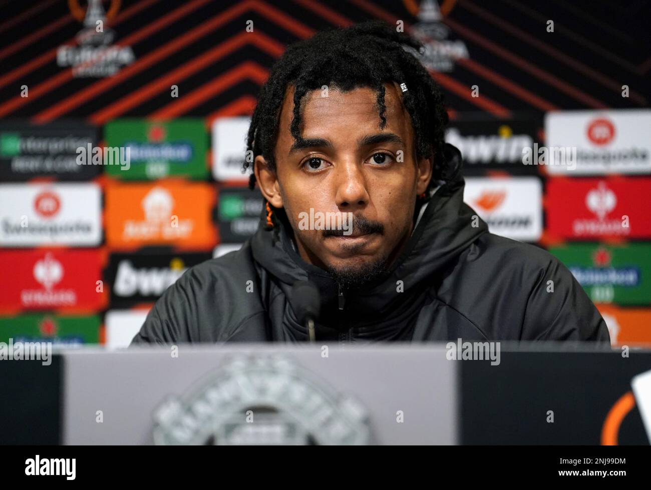 Barcelona's Jules Kounde during a press conference at Old Trafford ...
