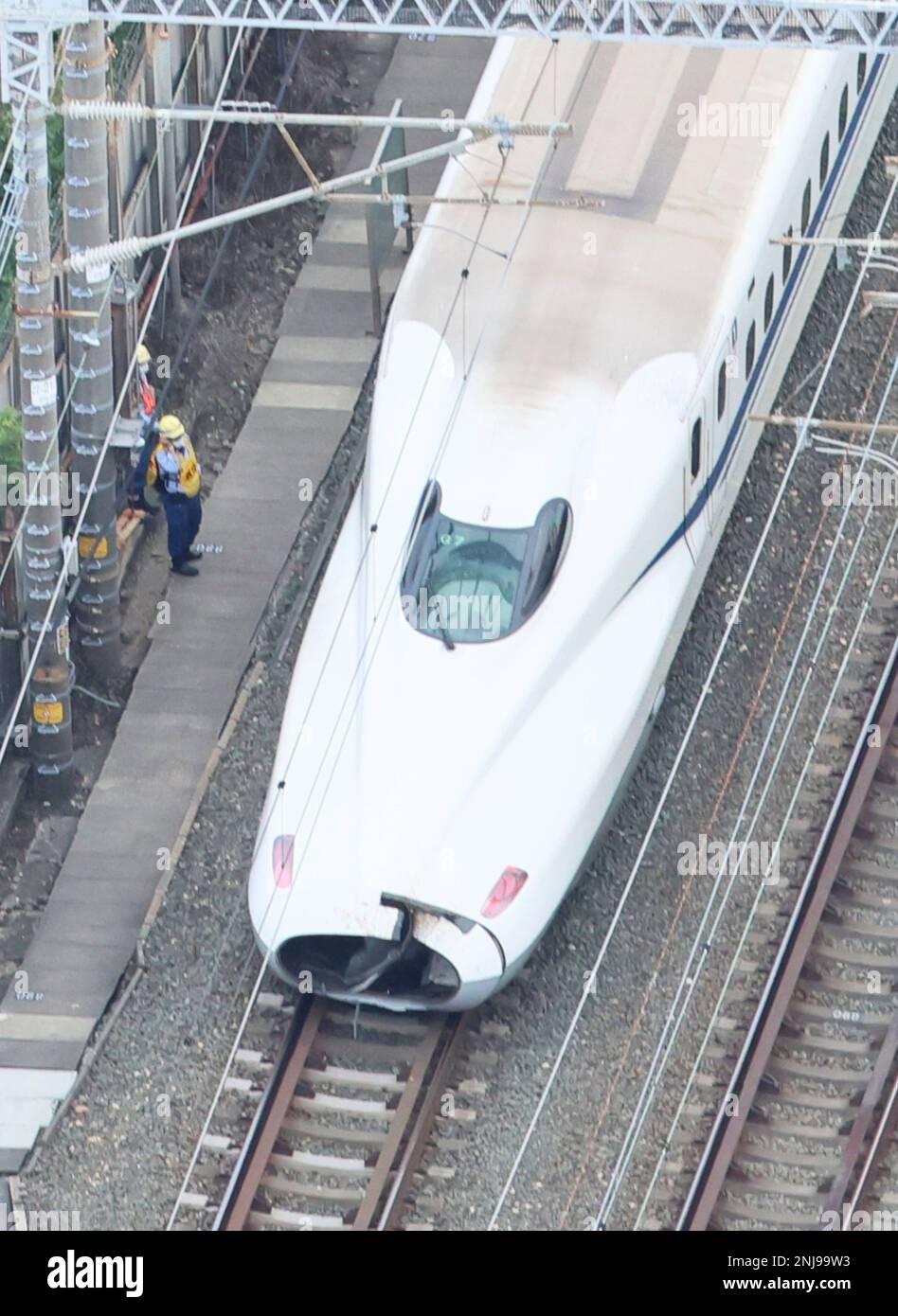 An aerial photo shows a Shinkansen Bullet Train believed to have hit a ...