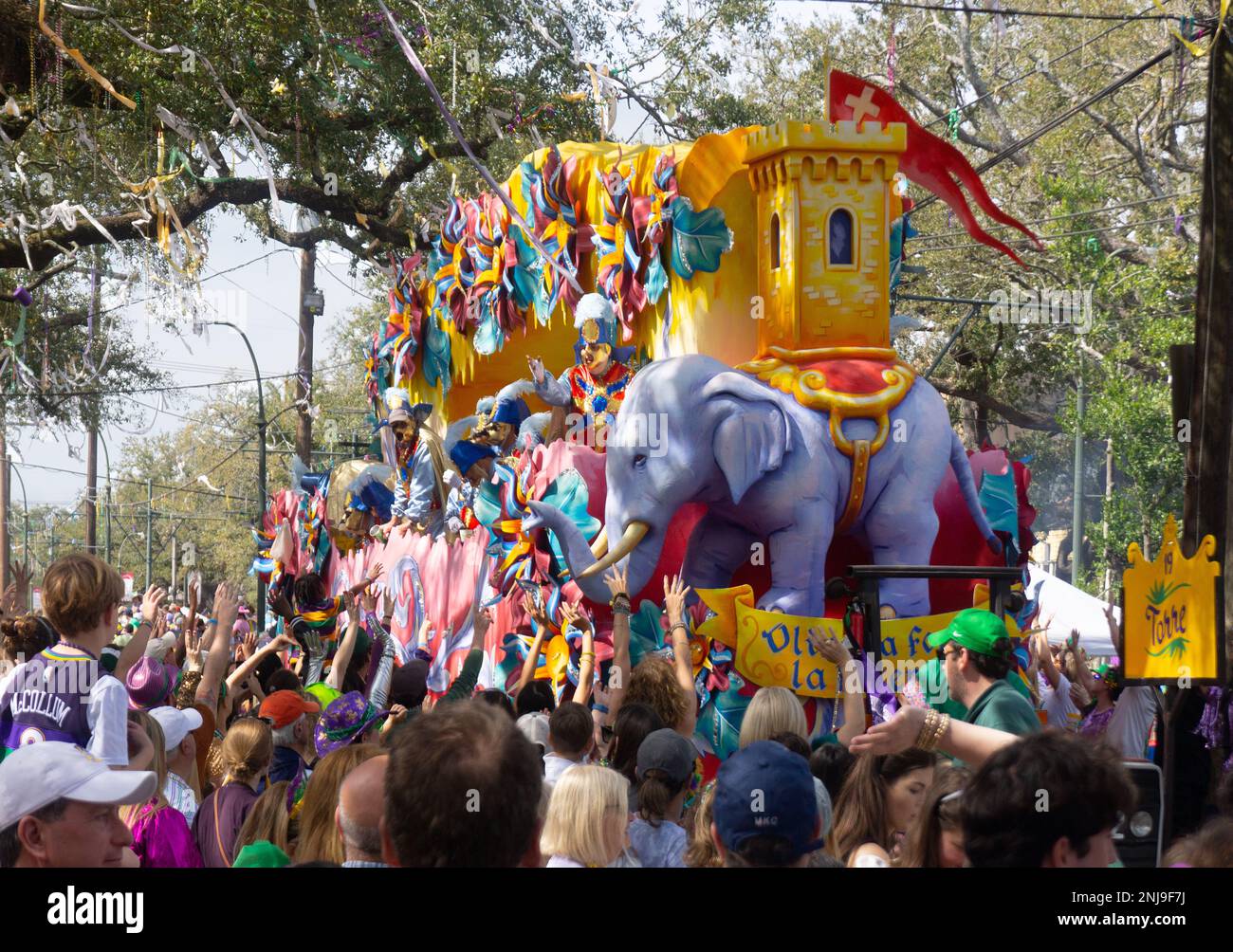 Castle float with elephant in the Rex parade on Mardi Gras day in New ...