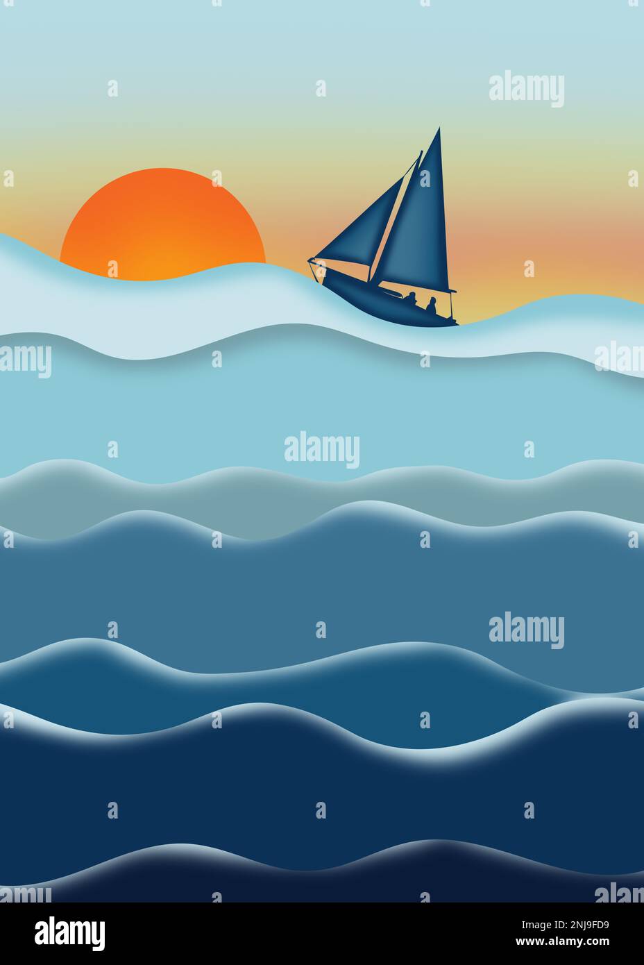 Sailboat Sunset - Sailing Ocean Coastal Poster Art Stock Photo - Alamy
