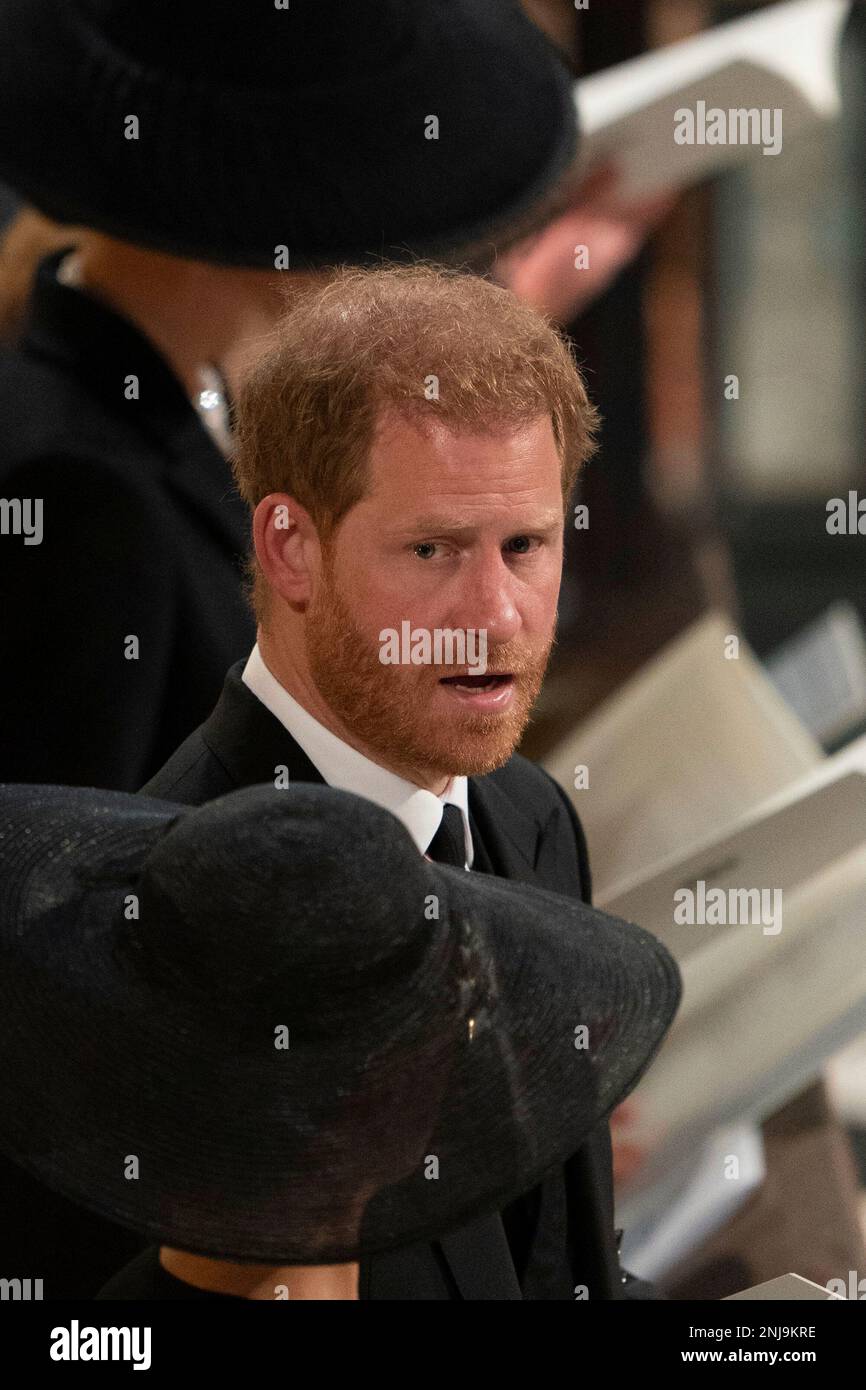 Prince Harry looks on during a committal service for Queen Elizabeth II ...