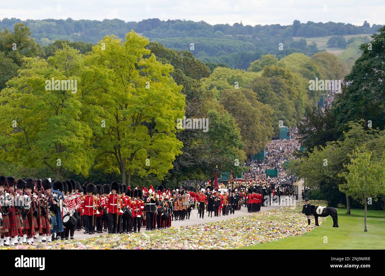 Emma, the monarch's fell pony, stands as the Ceremonial Procession of the coffin of Queen ...