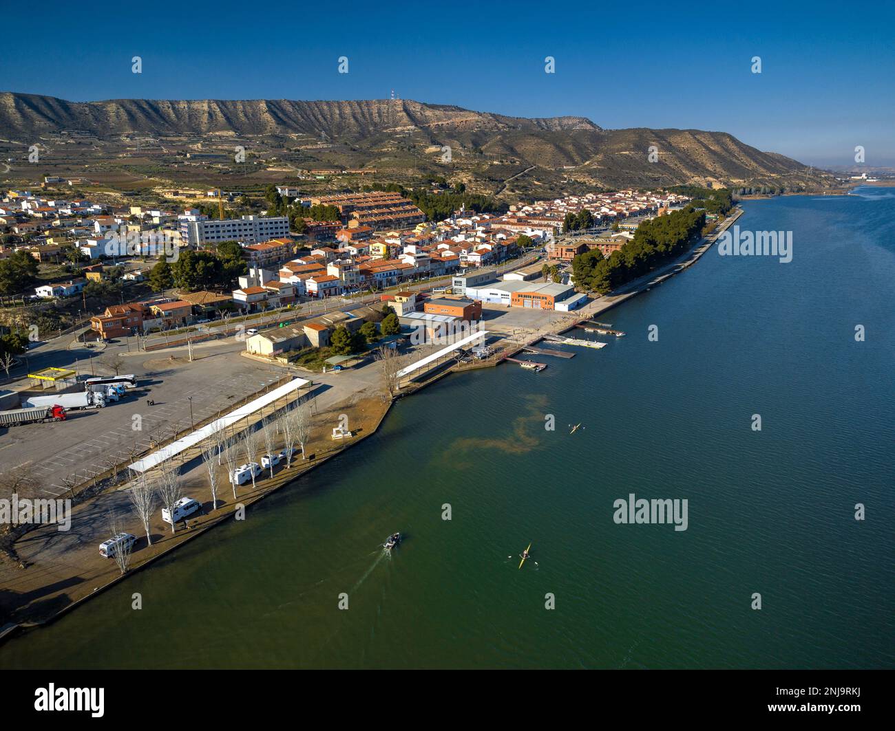 Aerial view of the new town of Mequinenza next to the Segre river (Bajo ...