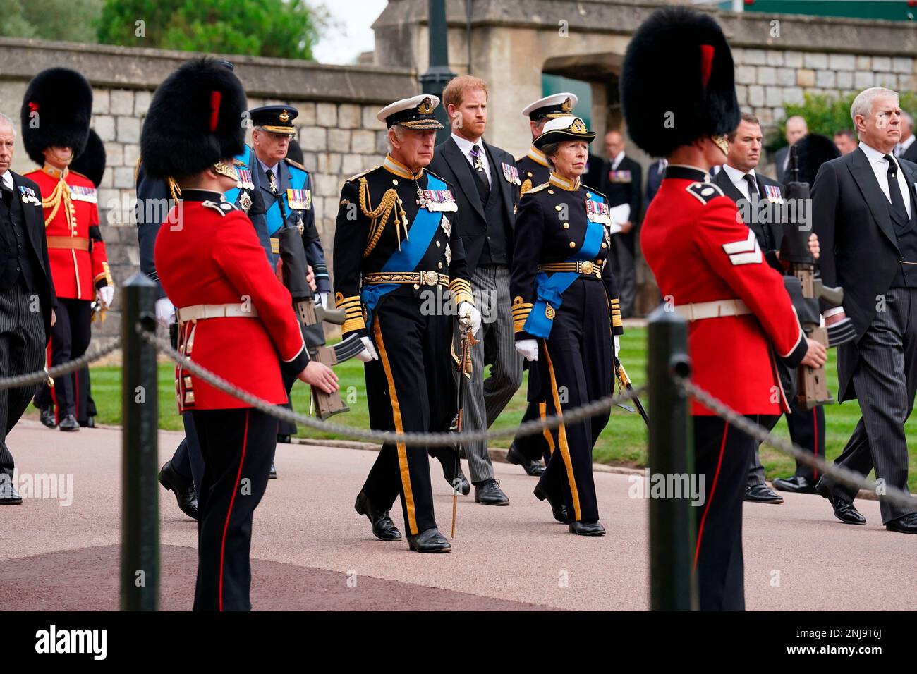 King Charles III, center, and family arrive for the Committal Service ...