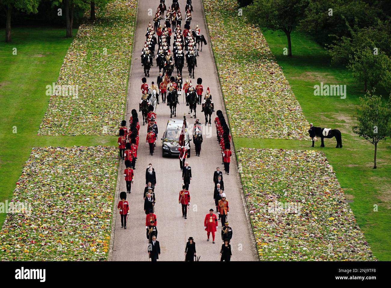 Emma, the monarch's fell pony, stands as the Ceremonial Procession of the coffin of Queen ...