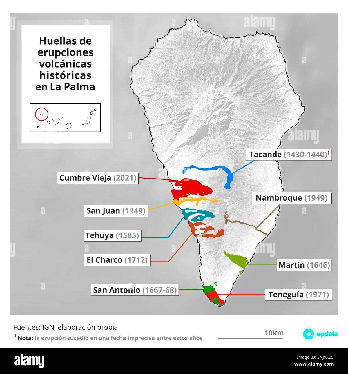 Map showing the historical footprint of volcanoes on the island of La ...