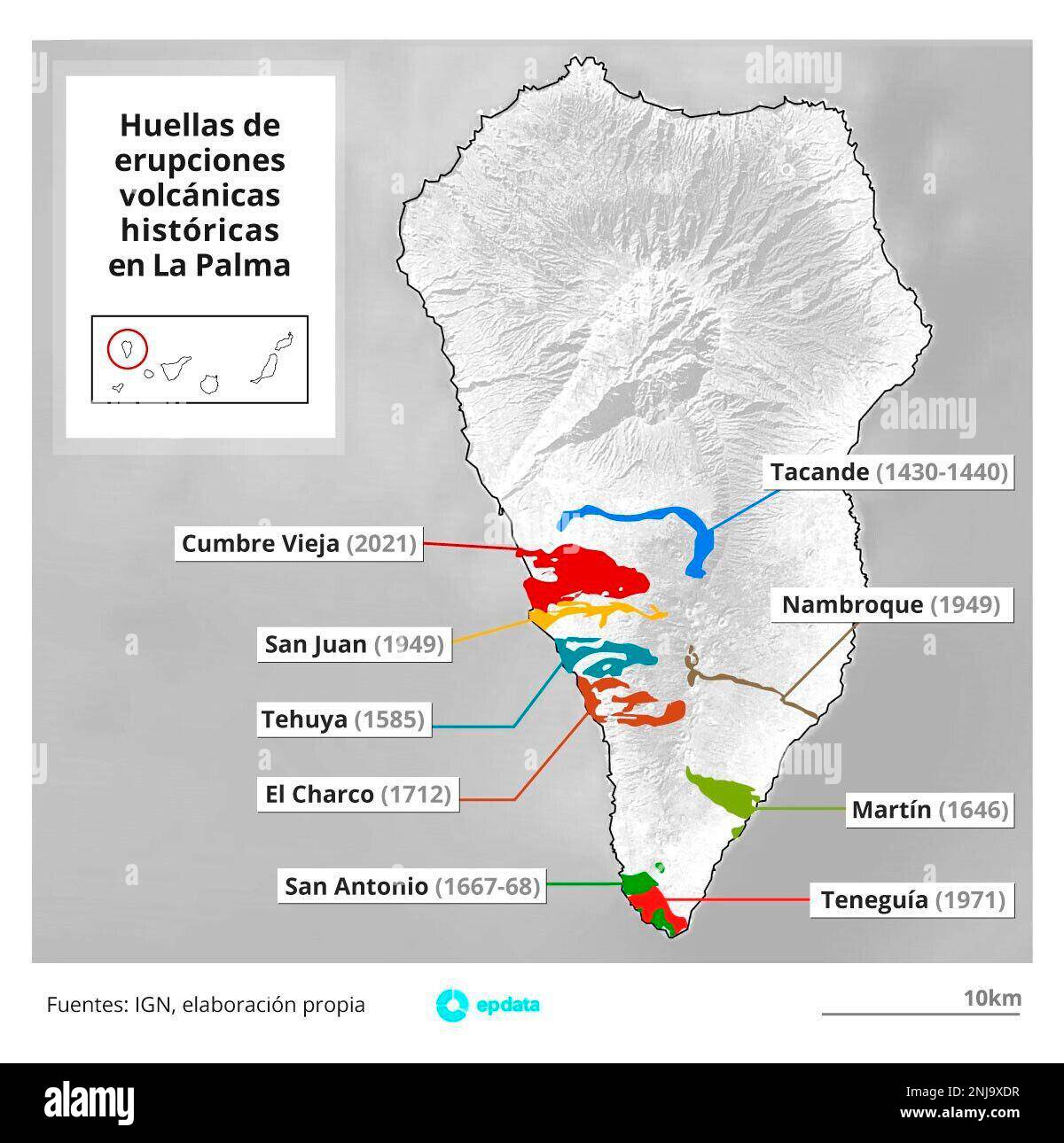 Map showing the historical footprint of volcanoes on the island of La ...
