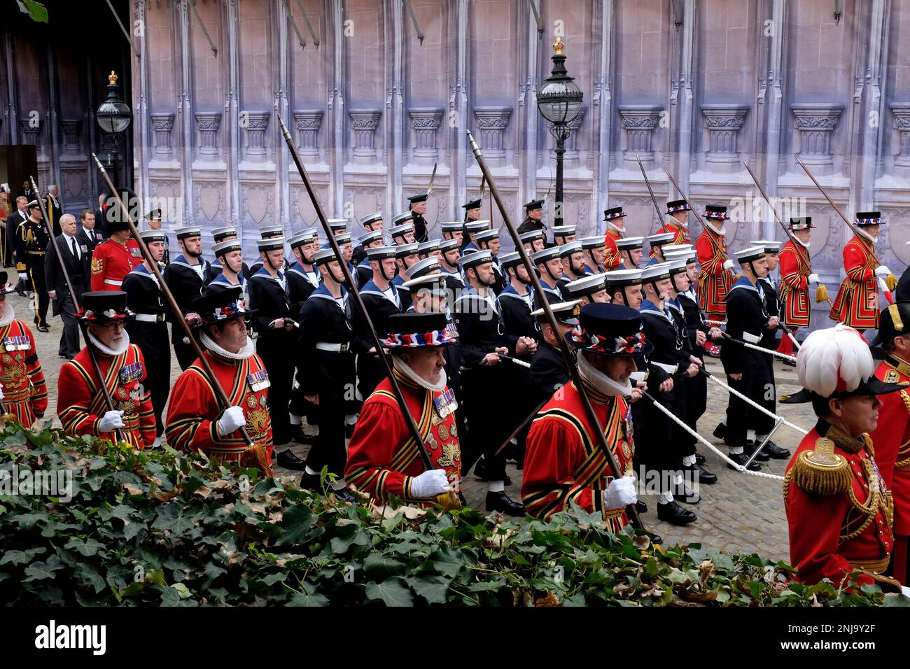 The coffin of Queen Elizabeth II with the Imperial State Crown resting ...
