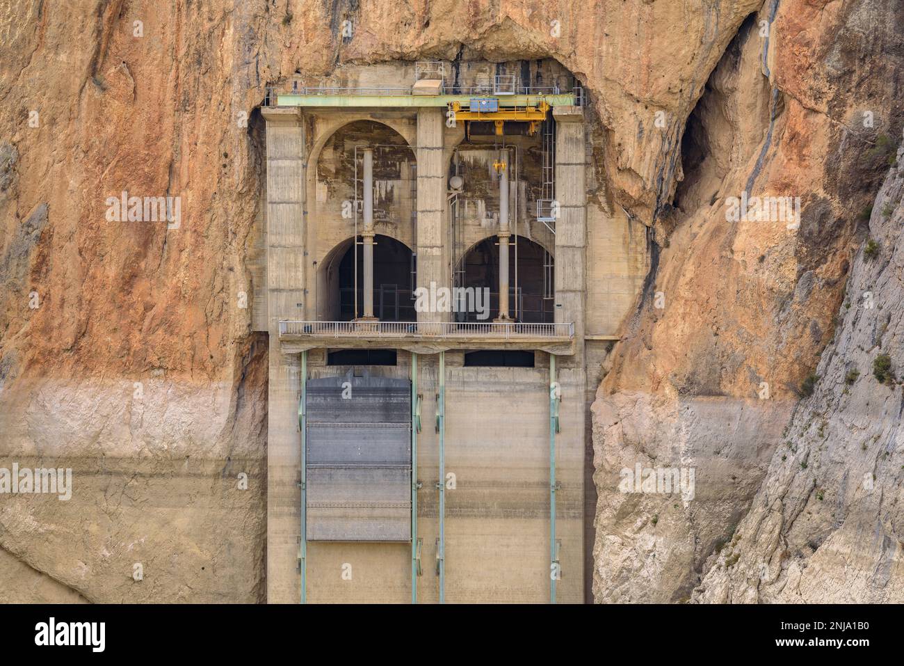 Canelles reservoir dam area during the 2022 drought with a low water ...