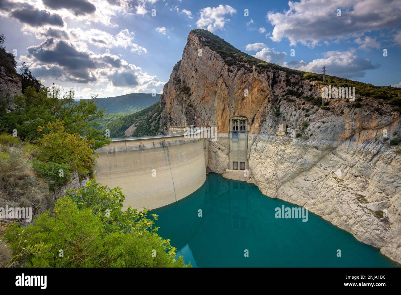 Canelles reservoir dam area during the 2022 drought with a low water ...