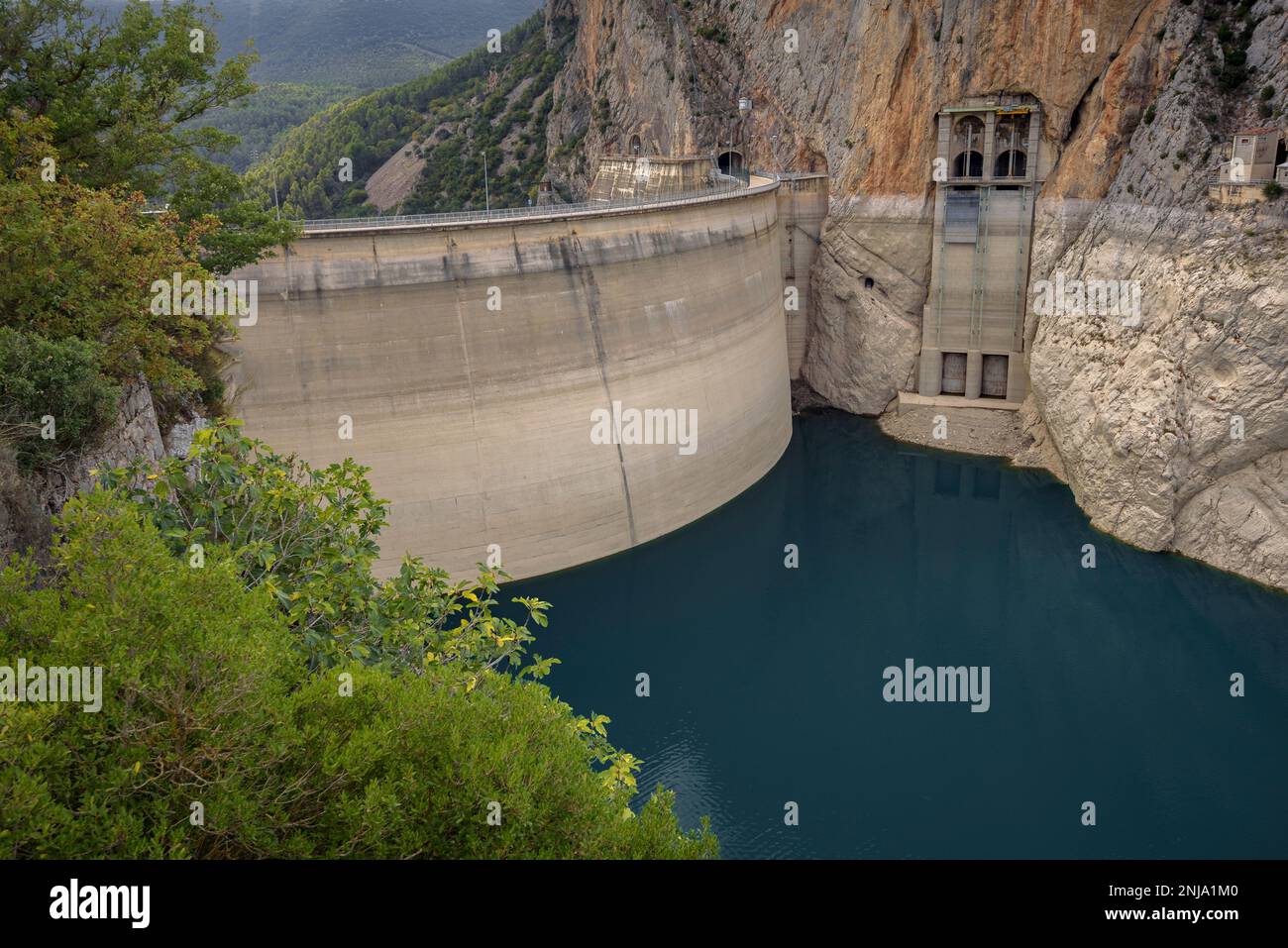 Canelles reservoir dam area during the 2022 drought with a low water ...
