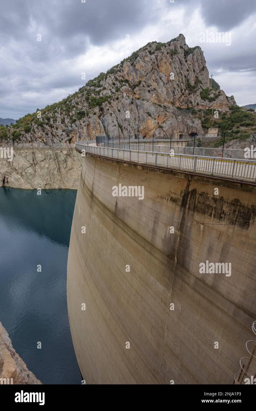 Canelles reservoir dam area during the 2022 drought with a low water ...