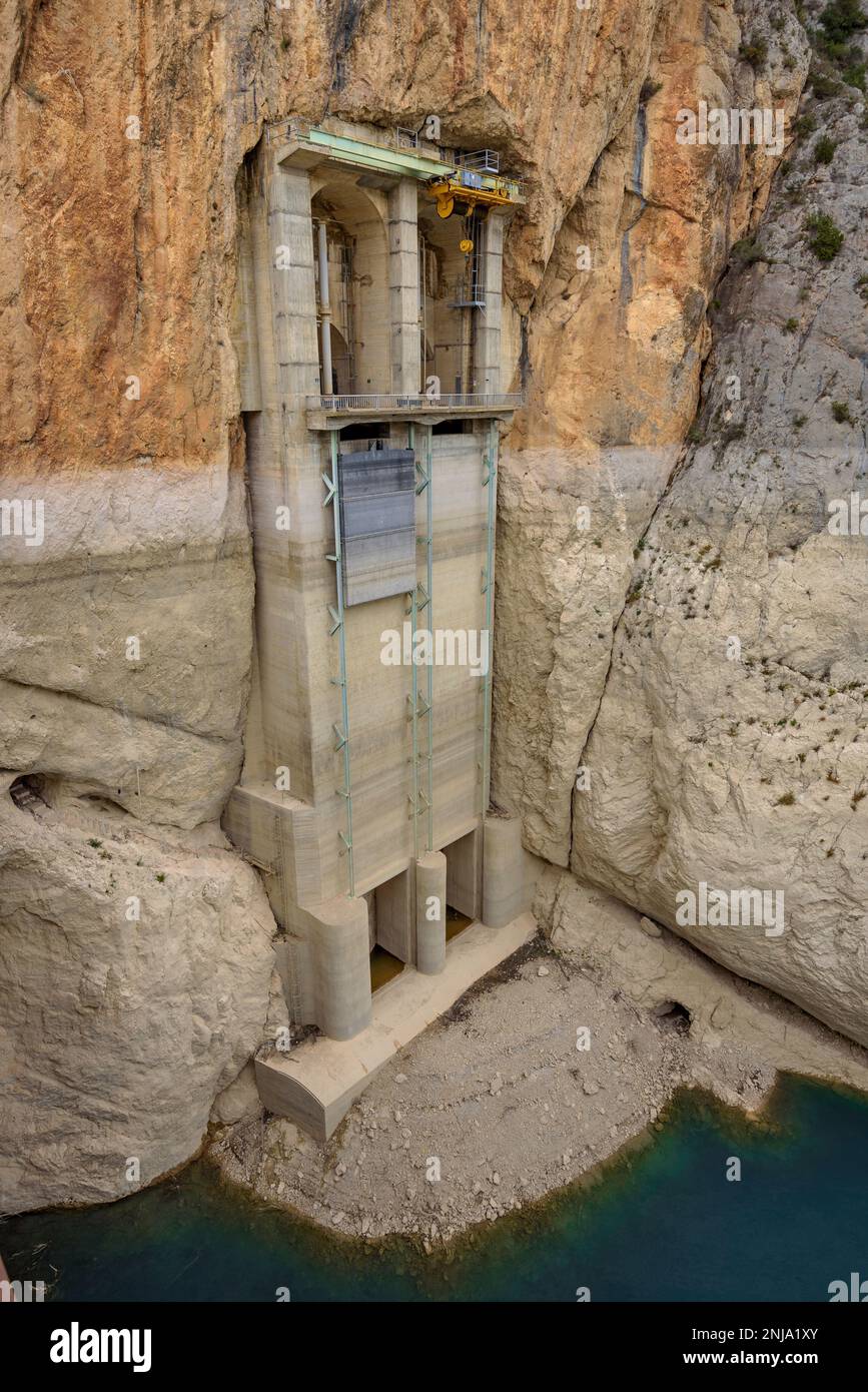Canelles reservoir dam area during the 2022 drought with a low water ...