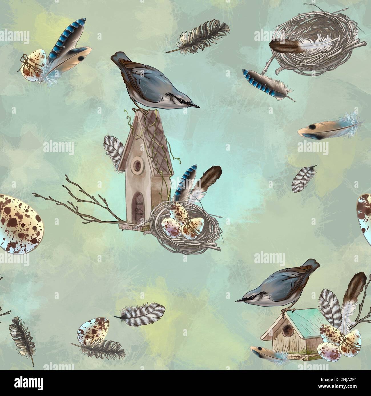 Seamless pattern with bird, nest, eggs, spring and easter themes. High ...