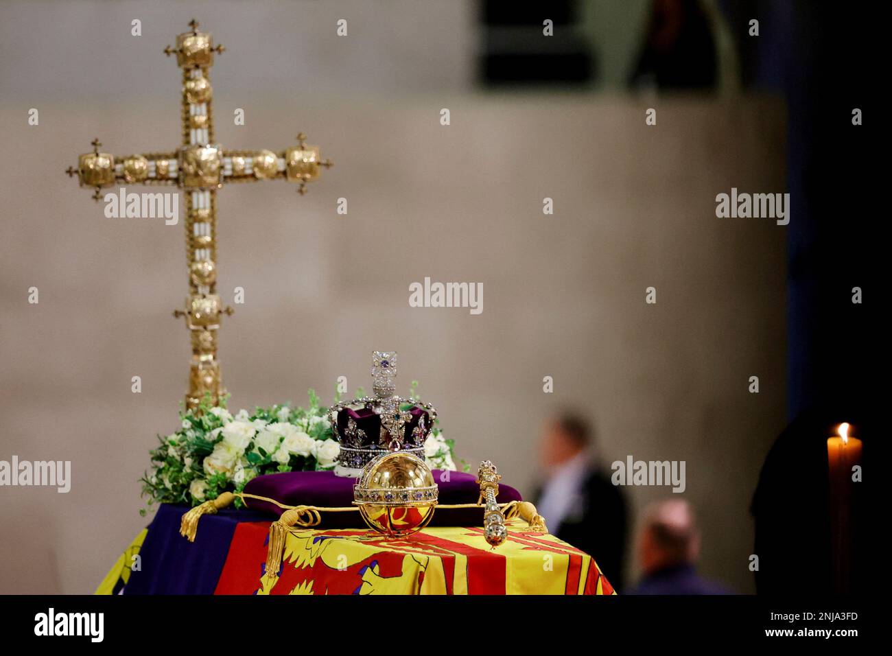 A view of Queen Elizabeth's coffin, draped in the Royal Standard, with ...