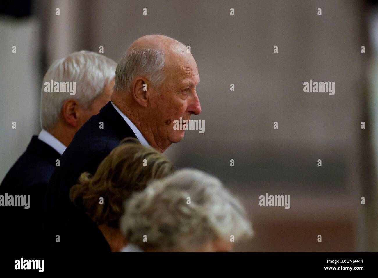Norway's King Harald pays his respects to the coffin of Britain's Queen ...