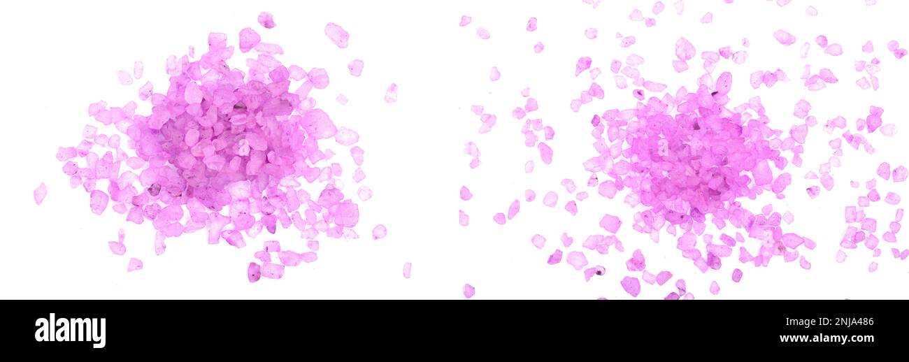 Violet sea salt isolated on white background, lavender. Top view. Flat ...