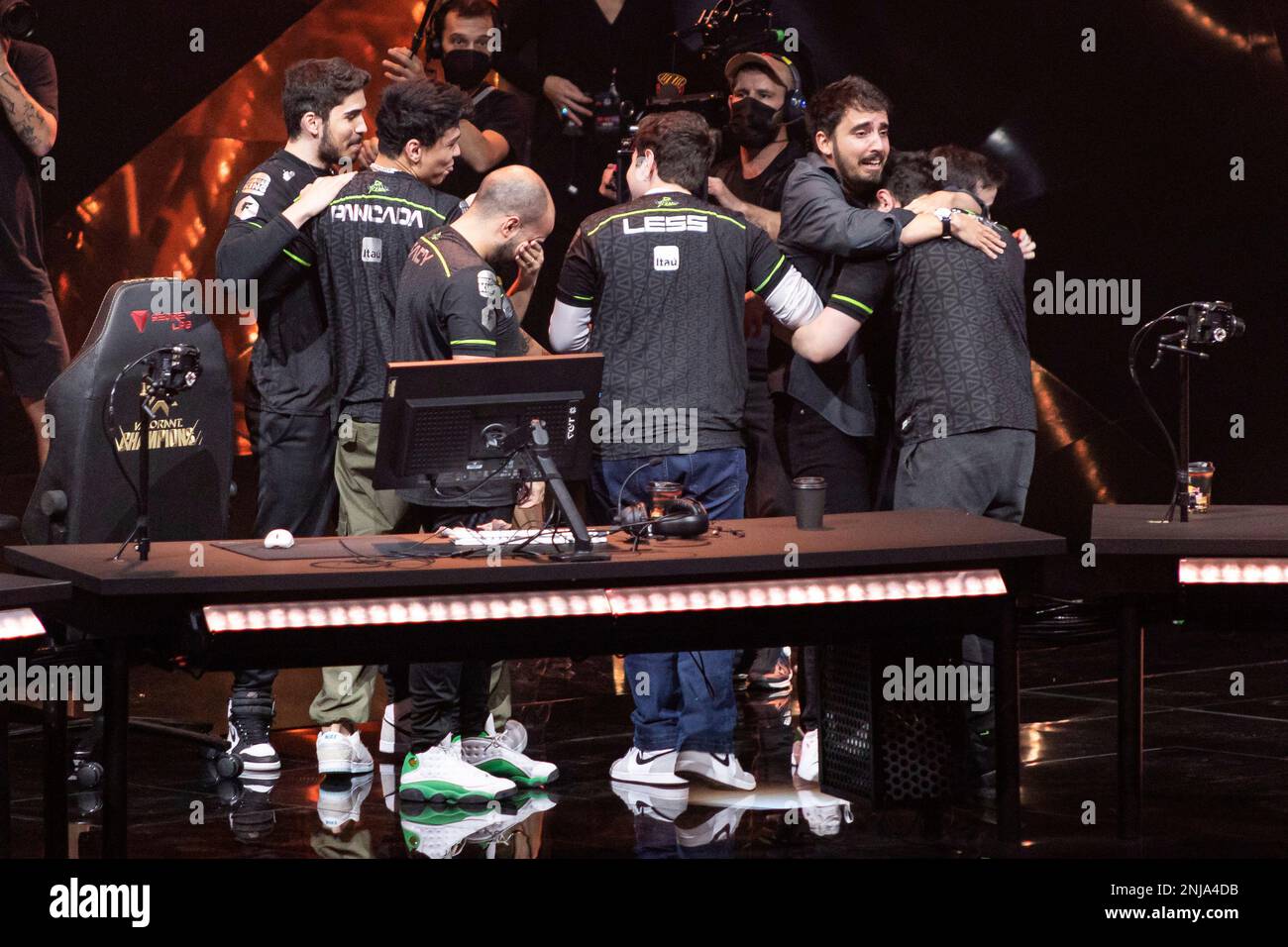 A group of participants celebrates their victory in the Valorant World ...