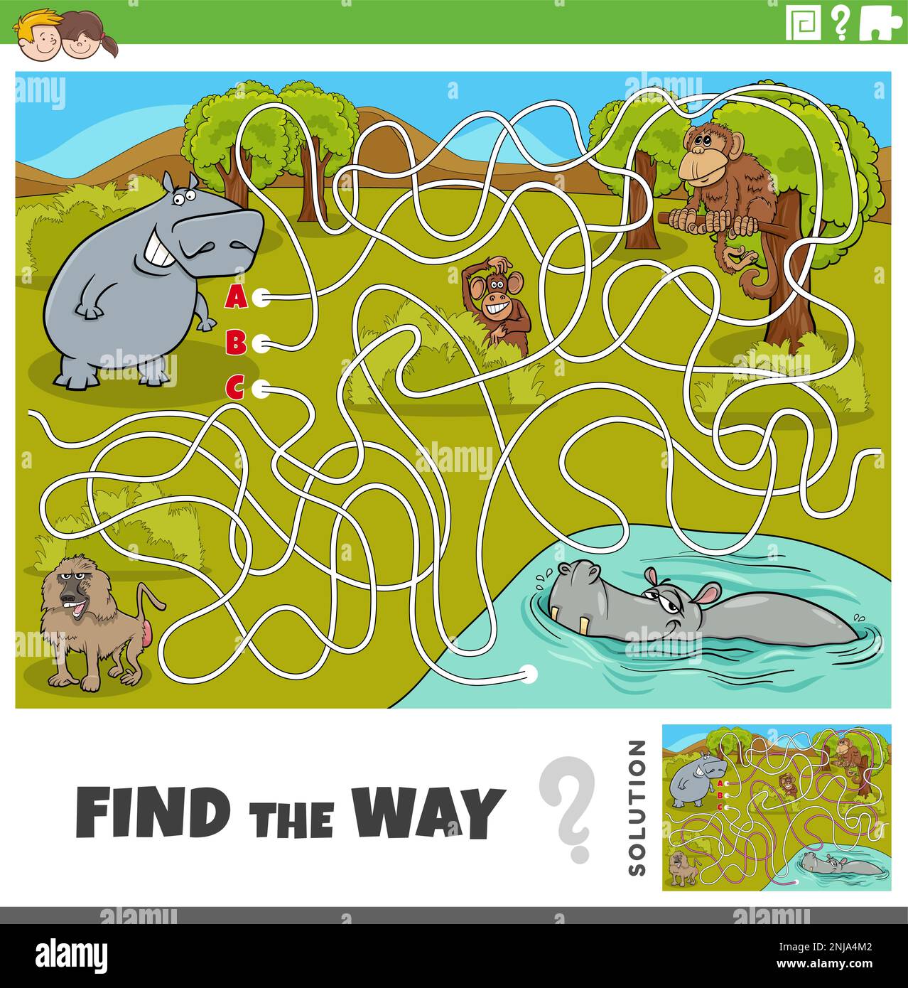Cartoon illustration of find the way maze puzzle game with hippos and ...