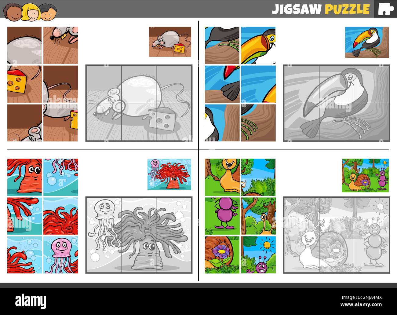 Cartoon illustration of educational jigsaw puzzle games set with funny ...