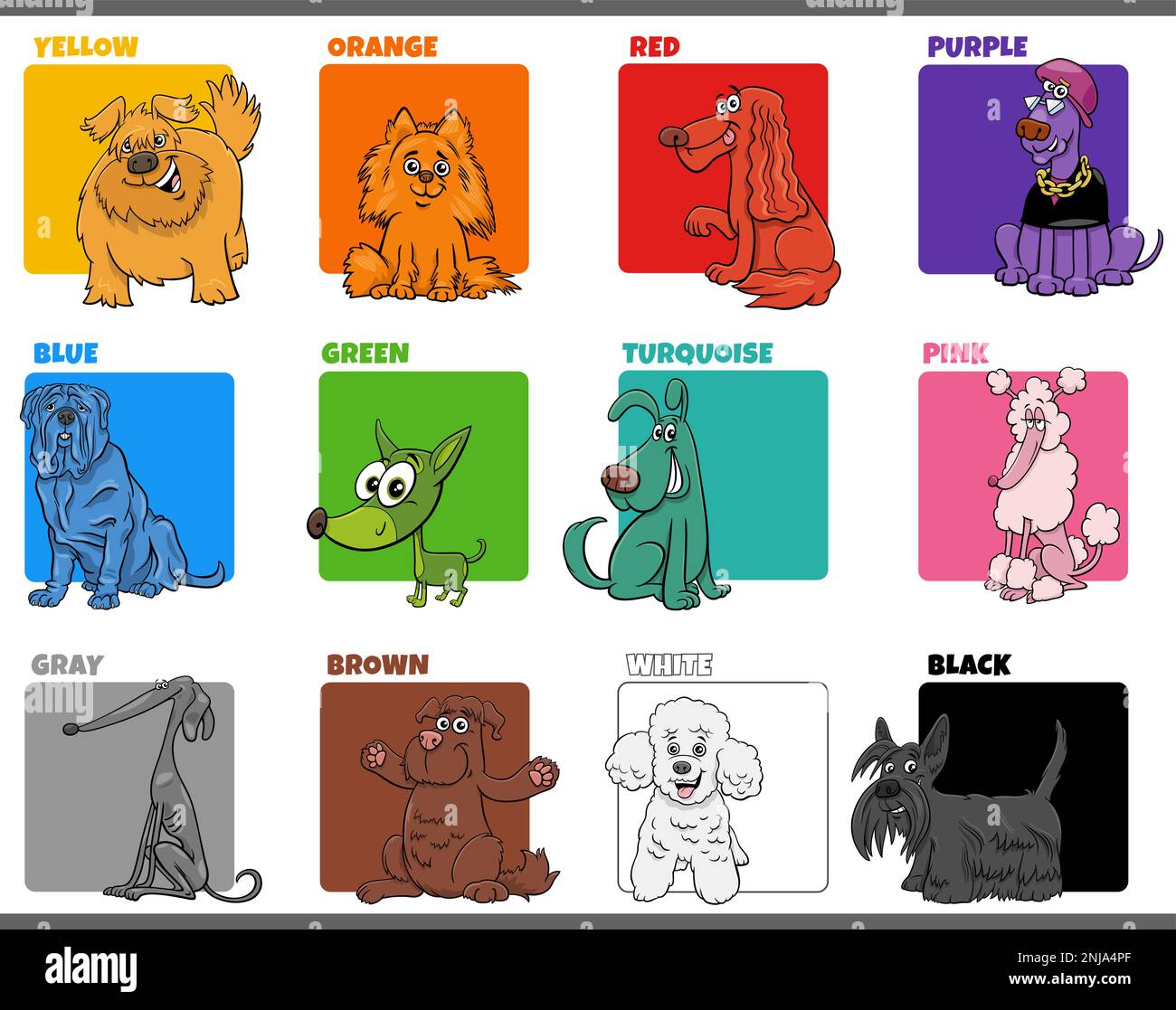 Cartoon illustration of basic colors with comic dogs characters ...