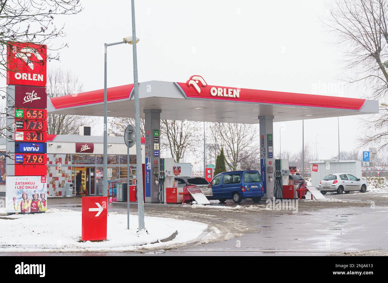 Poznan, Poland - January 22, 2023: Gas station Orlen in the winter city ...